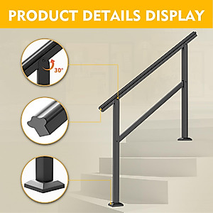 SPACEEUP Stair Handrail,44X34.8" Handrails for Outdoor Steps Fit 0 to 4 Steps Transitional Handrail with Installation Kit Handrail for Stairs Outdoor Aluminum and iron Stair Railing,Matte Black