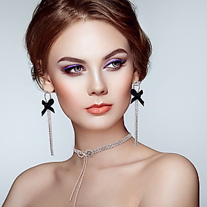 PAGOW 3pcs Rhinestone Silver Necklace Choker, Sparkly Crystal Bling Black Bowknot Earring Pendant Set Diamond Chain Nightclub Wedding Brithday Party Valentine Jewelry Gift for Women