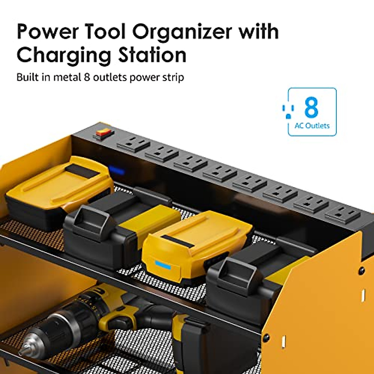 CCCEI Modular Power Tool Organizer Wall Mount Charging Station, Yellow 6 Drills Holder with 8 Plug Power Strip, Garage Drill Battery Heavy Duty Metal Shelf, Utility Rack with Hooks, Side Storage.