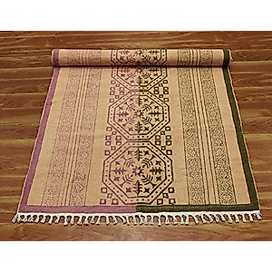 Casavani Hand Block Printed Rug Geometric Green & Pink Tassel Rug Boho Area Rug Easy Care Washable Rugs for Doormat Entryway Living Room Bedroom Hallway Balcony 4x10 Feet Runner