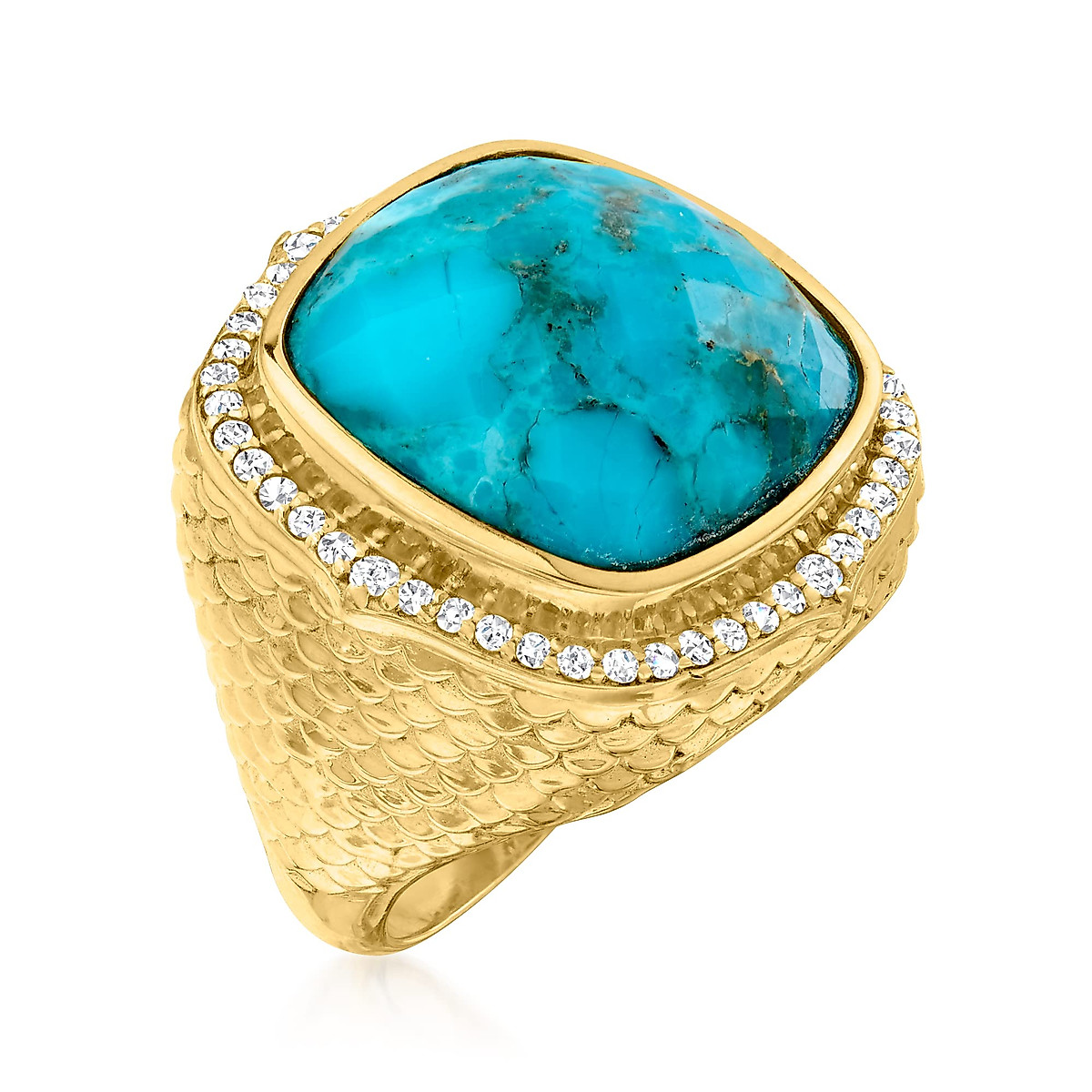 Ross-Simons Turquoise and .70 ct. t.w. White Zircon in 18kt Gold Over Sterling. Size 8