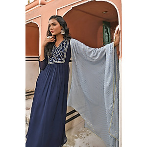Janasya Indian Women's Navy Blue Georgette Embroidered Kurta with Flared Palazzo and Dupatta