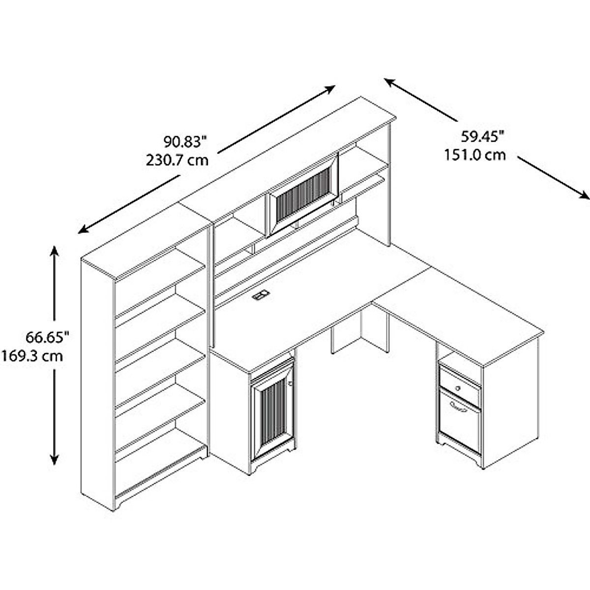 Bush Furniture Cabot 60W L Shaped Computer Desk with Hutch and 5 Shelf Bookcase in Heather Gray