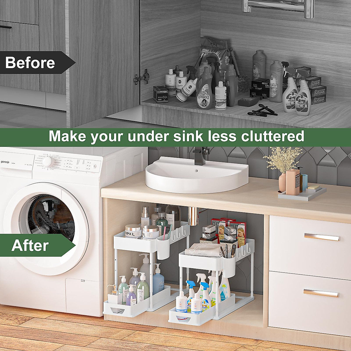 HI NINGER 2 Pack Adjustable Height Under Sink Organizers and Storage, 2Tier Bathroom Organizer Under Sink,Multifunction Kitchen Under Sink Organizer with 8 Hooks and 2 Hanging Cups and16Non-slip mat