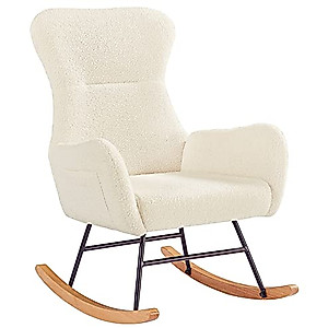 hansones Rocking Chair Nursery,Modern Accent Rocking Chair,Upholstered Nursery Glider Rocker for Baby,Rocking Chair Indoor for Living Room/Bedroom/Nursery(Cream White Teddy Fabric)