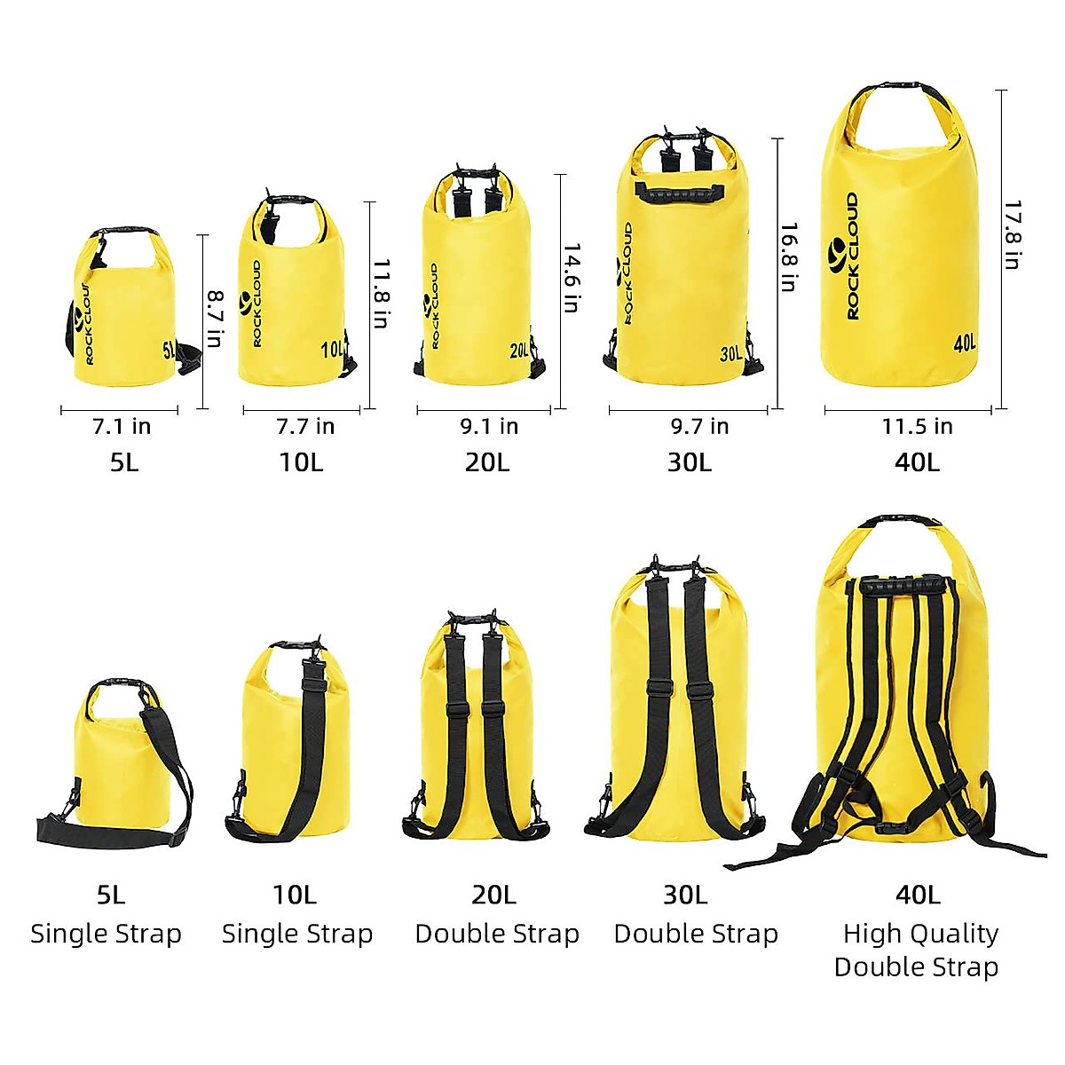 ROCK CLOUD Dry Bag Waterproof 40L Dry Sack for Kayaking Rafting Boating Beach Surfing Swimming Canoe Camping Hiking Fishing Ski, Yellow