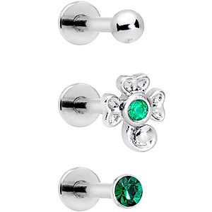 Body Candy 3PC 16G Womens 316L Steel Green Accent Shamrock Labret Monroe Lip Ring Cartilage Tragus 5/16"