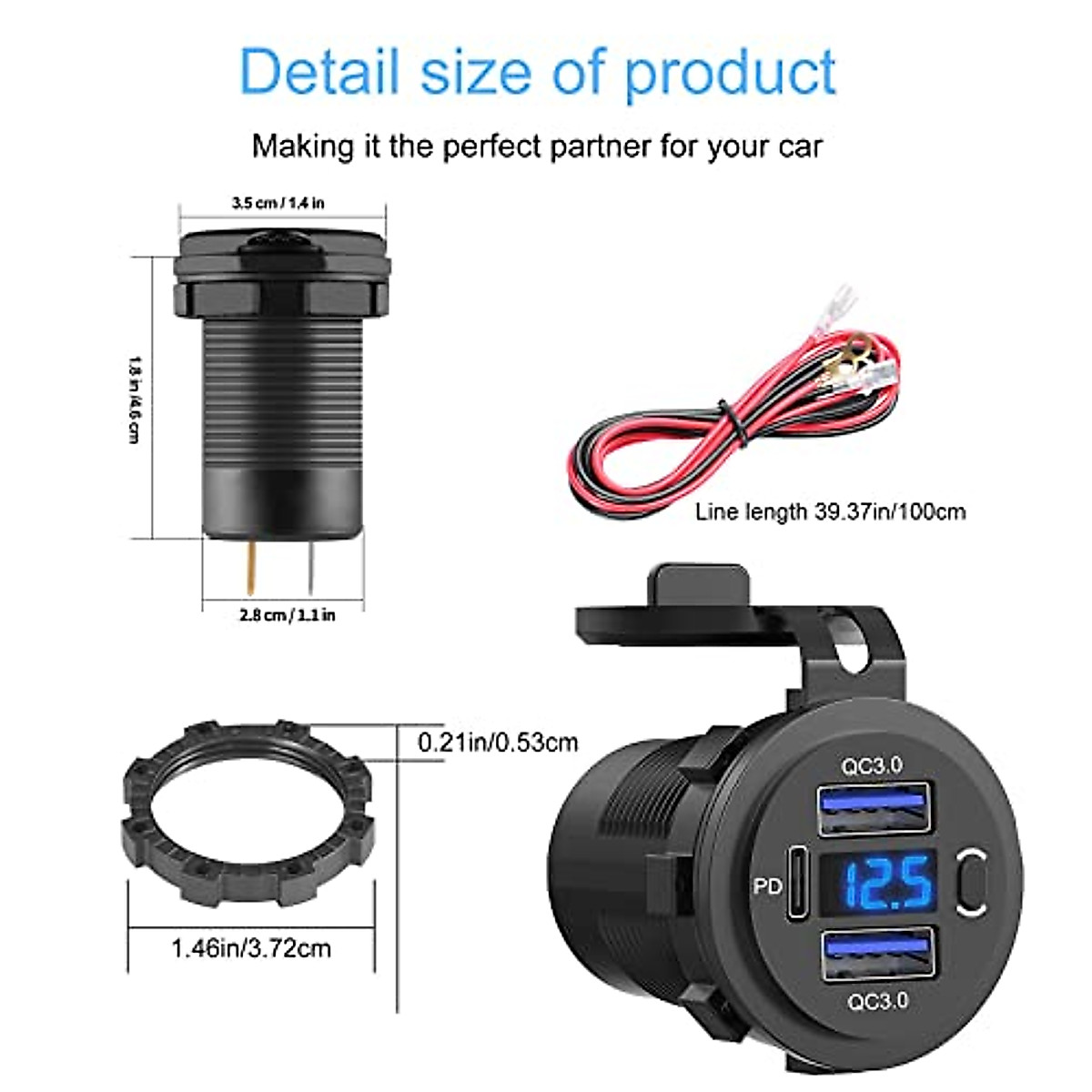 12V USB Outlet, Dual USB Quick Charge 3.0 Port & PD USB C Car Charger Socket with Voltmeter and Power Switch for Car Boat Marine Truck 2 Pack