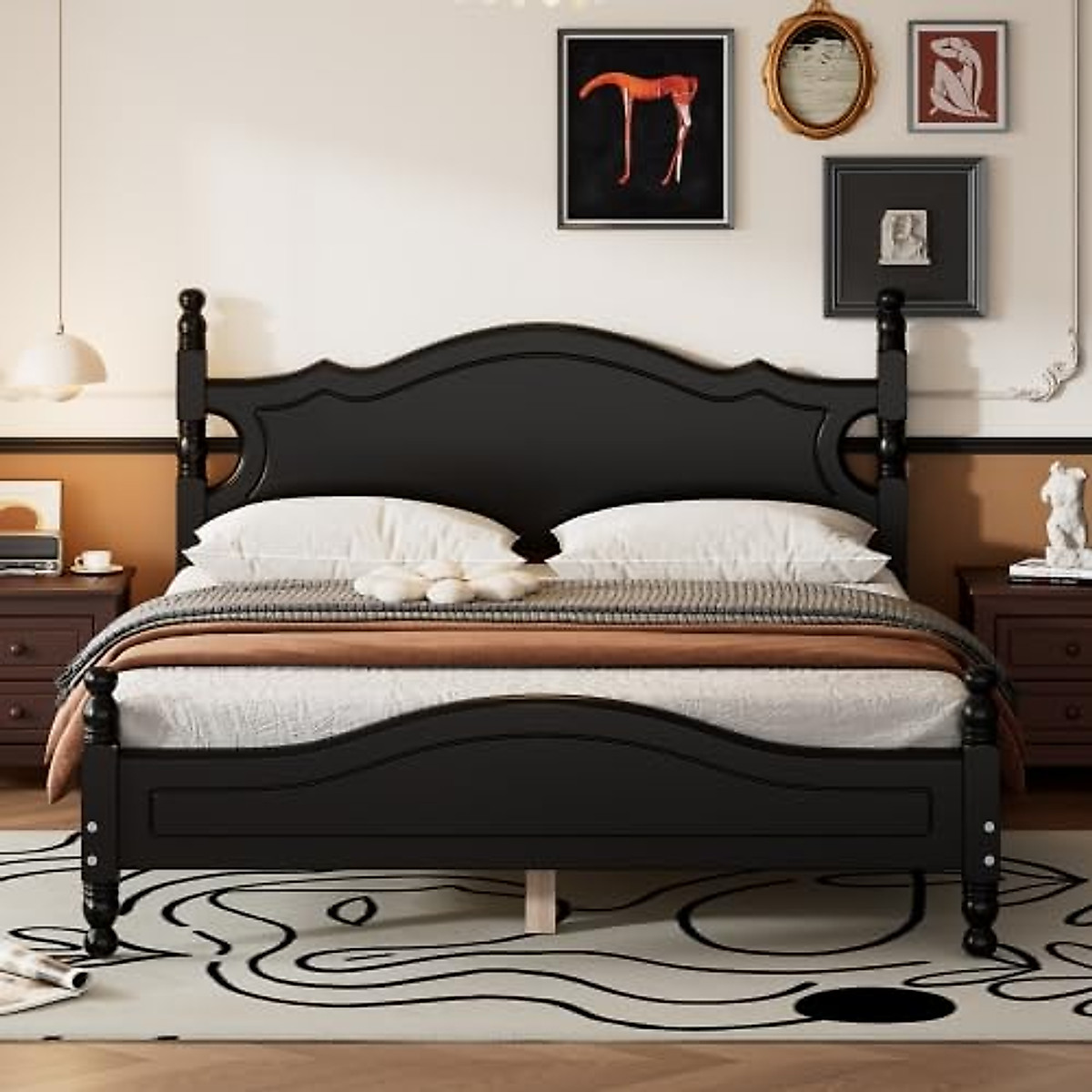 Wekity Queen Size Wood Platform Bed Frame,Retro Style Platform Bed with Wooden Slat Support (Black)