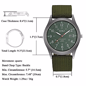 JewelryWe Men's Military Green Dial Nylon Strap Quartz Calendar Wrist Watch Night Vision Luminous Wristwatch for Father's Day