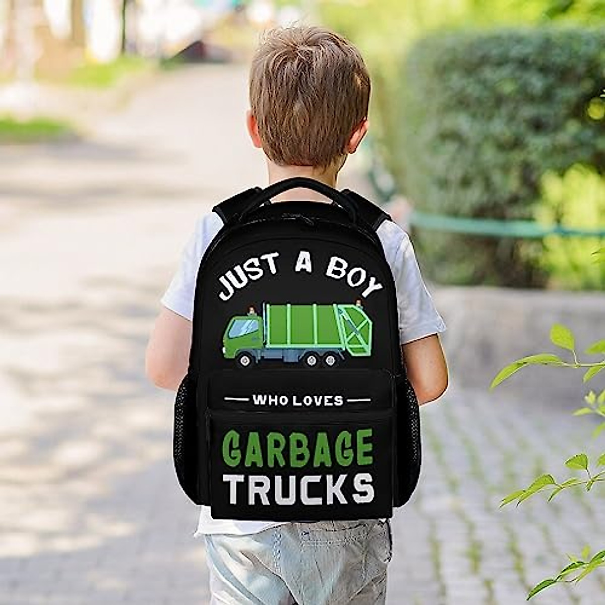 Mercuryelf Just a Boy Who Loves Garbage Trucks Backpack for Student, 16 Inch Black Backpacks for School, Cool Lightweight Bookbag for Kids