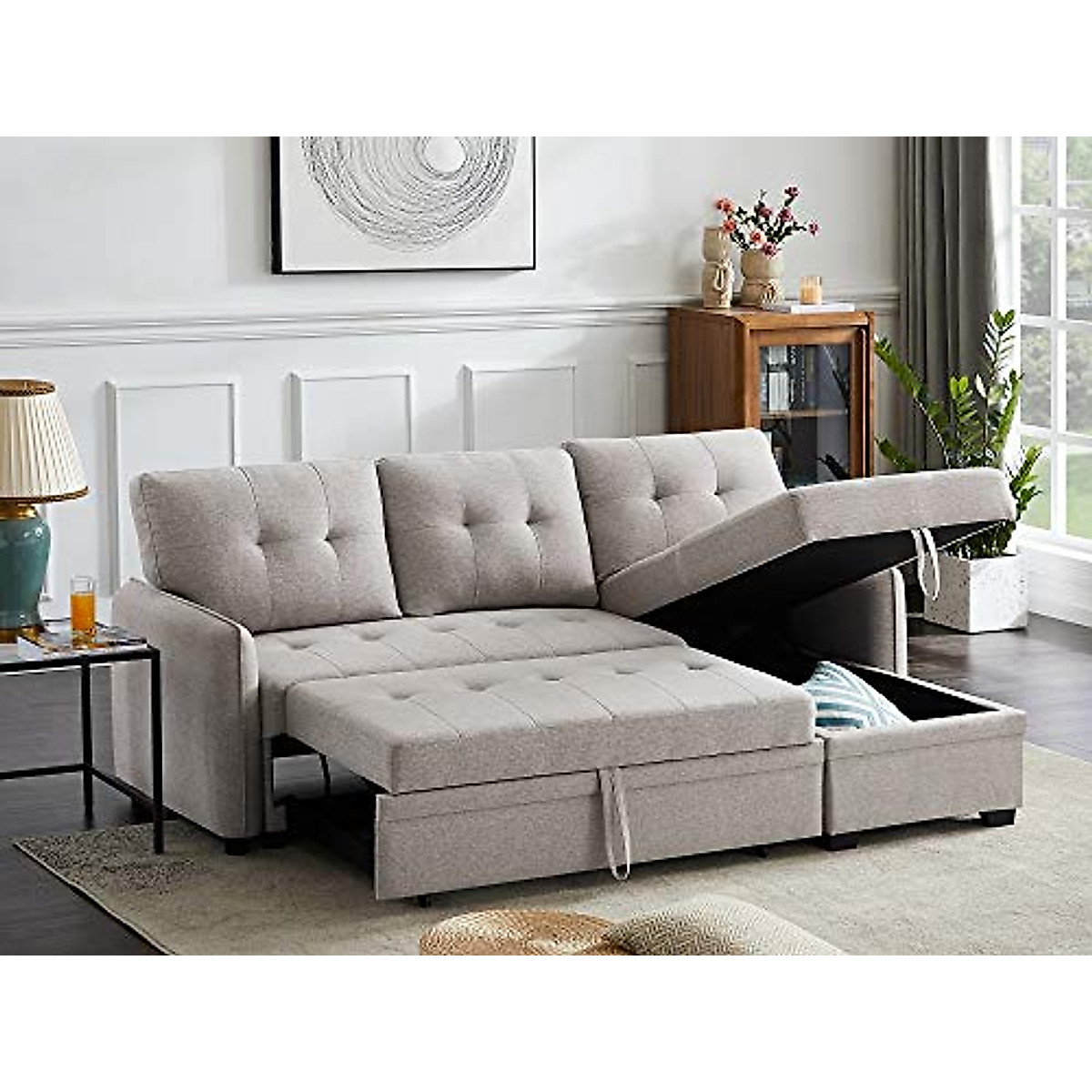 INFINI FURNISHINGS 84" Wide Sectional Sofa with Pull Out Sleeper Bed, Reversible Storage Chaise Lounge, Modern Tufted Line Design Sofabed, Light Gray