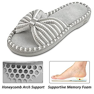 DL Women's Memory Foam Open Toe Slide Slippers with Cute Bow and Cozy Terry Lining, Slip-on House Shoes Spa Mules Sandals with Indoor Outdoor Rubber Sole, Gray, 9-10