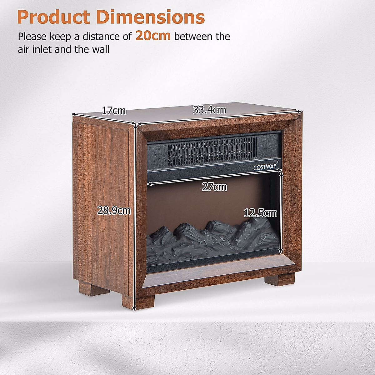 COSTWAY 13 Inch Small Electric Fireplace Heater, Mini Wooden Fireplaces Stove w/Vivid Flame Effect, Overheat Protection, 750W Portable Tabletop Fireplace for Indoor Use, Living Room, Bedroom, Brow
