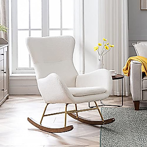DM Furniture Sherpa Rocking Accent Chair Upholstered Nursery Glider Rocker for Baby Nursing Comfy Lounge Chair with Gold Legs for Living Room Bedroom, White