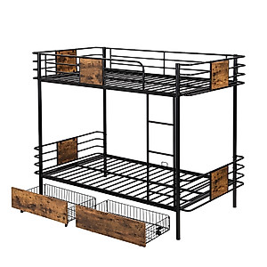 Bunk Bed Twin XL Over Twin XL, Metal Bunk Bed with Storage Drawers and MDF Board Guardrail, Modern Industrial Bunk Bed for Kids Boys Girls Teens, Black