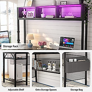 Unikito L Shaped Computer Desk with LED Strip and Power Outlets, Reversible L-Shaped Corner Desk with Storage Shelves and Bag, Industrial Home Office Desk Gaming Table with USB Port, Black Oak