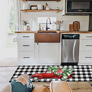 Christmas Kitchen Rugs and Mats 2 PCS Red Truck Xmas Tree Black White Buffalo Check Kitchen Mats for Floor, Farmhouse Non-Slip Rugs with Runner for Kitchen,Office,Sink,Laundry 15.7"x23.6"+15.7"x47.2"