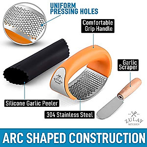 Zulay Stainless Steel Garlic Press Rocker Set - Premium Garlic Mincer With Silicone Peeler & Scraper - Arc Shape Design Garlic Crusher With Comfortable Grip (Orange)