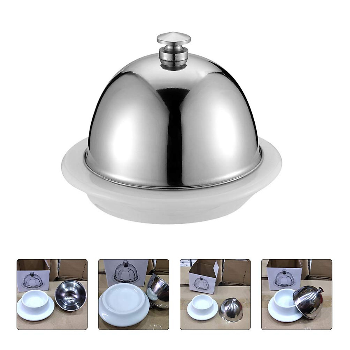 DOITOOL Ceramic Baking Bowls with Stainless Steel Lid Dish Ramekins Fruit Bowl Glass Cover Cake Stand Desert Platter Cheese Cloche Dome for Desserts Fruits Snack Candy