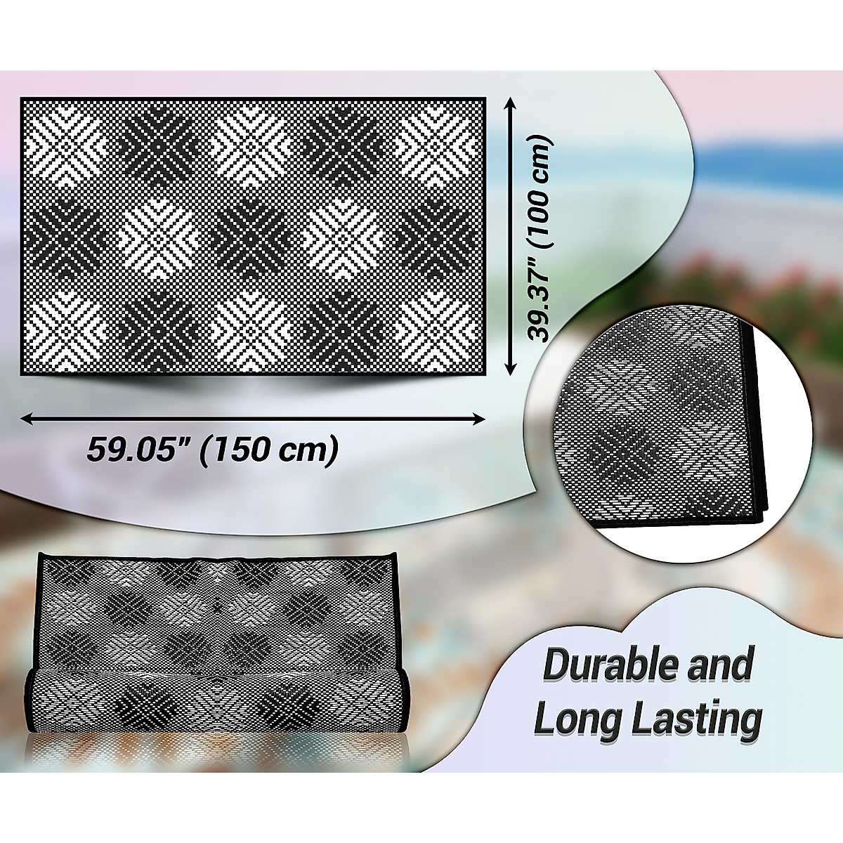 ARSUK Outdoor Plastic Rug for Patio Clearance 59"x39", Beach Picnic Blanket, Reversible Floor Mat for Garden, Camping Carpet, RV Porch, Deck, Backyard, Balcony, Lightweight Foldable