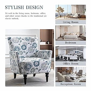 sunkind Mid Century Modern Chair Accent Chair with Arms, Linen Fabric Armchair Single Sofa Comfy Upholstered Reading Chair for Living Room Sitting Room Bedroom Studio,White Blue