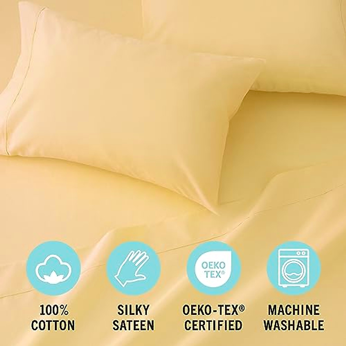 MARTHA STEWART 100% Cotton Queen Sheet Set - 4 Piece, Soft, Smooth, Durable, Easy Care, 16" Deep Pocket Sheets, Bedding Sheets, Sateen Sheets, 1 Flat, 1 Fitted, 2 Pillowcases, Yellow