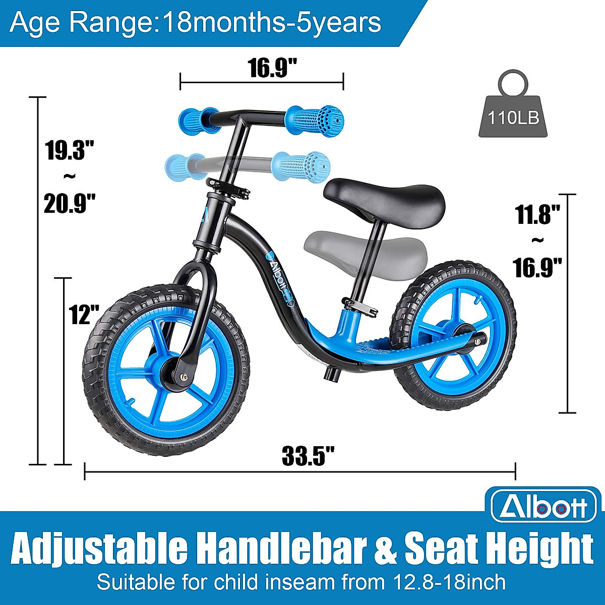 Albott Balance Bike Training Bike for 18 Months Kids - No Pedal 12" Push Bikes with Footrest for Baby Toddlers (Black)
