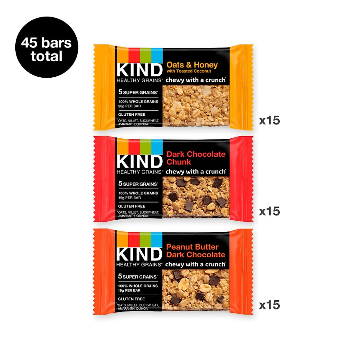 KIND Healthy Grains Bars, Variety Pack, Dark Chocolate Chunk, Oats & Honey, Peanut Butter Snacks, Gluten Free, 45 Count