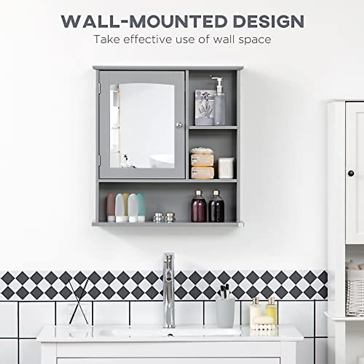 kleankin Bathroom Medicine Cabinet with Mirror, Wall-Mounted Bathroom Cabinet with Adjustable Shelf for Living Room and Laundry Room, Gray