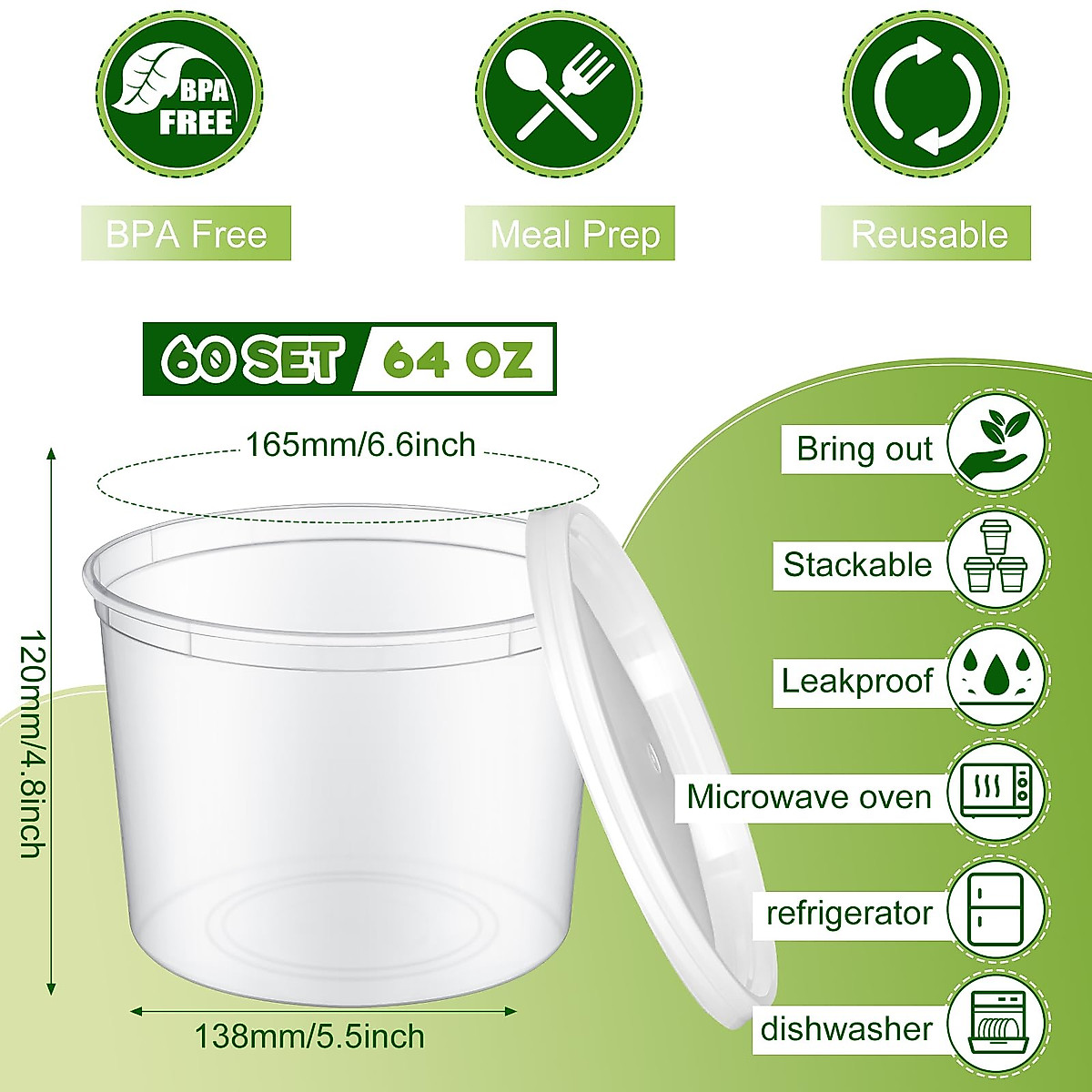 Skylety 60 Sets Plastic Deli Containers with Lids Food Storage Containers Soup Cups, Leakproof, Microwavable, Reusable for Restaurant, Cafe, Freezer and Catering (64 oz)