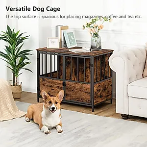 MAHANCRIS Dog Crate Furniture, 31.5 Inch Dog Kennel with Double-Door, Wooden Heavy Duty Dog Cage for Small Medium Dogs, Indoor Dog House End Table, Chew-Resistant, Rustic Brown DCHR0501Z