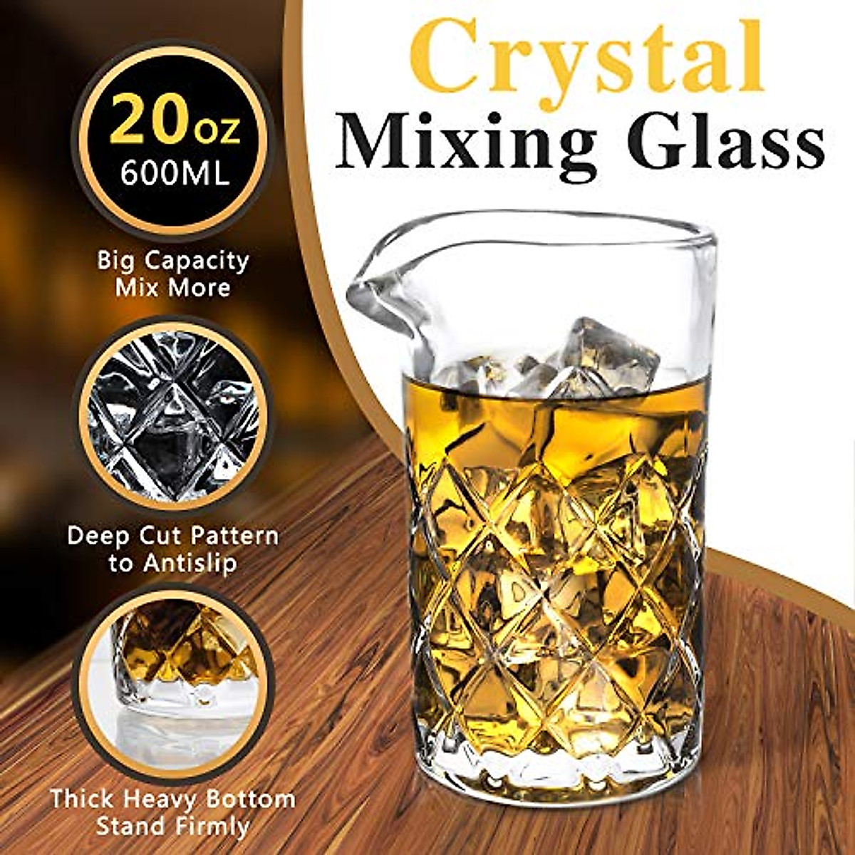 Lighten Life Cocktail Mixing Glass Set,Bar Mixing Set with 20oz Crystal Thick Bottom Glass,Spoon, Jigger,Strainer and Muddle,5 Pieces Cocktail Mixing Glass Kits Perfect for Amateurs and Bartenders