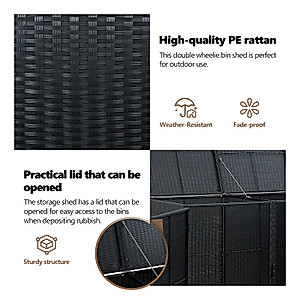 vidaXL Double Wheelie Bin Shed with Lid and Lockable Doors, Outdoor Garbage Bin Storage Shed, Weather-Resistant Sturdy Construction, Poly Rattan 31.5"x58.3"x43.7" Black