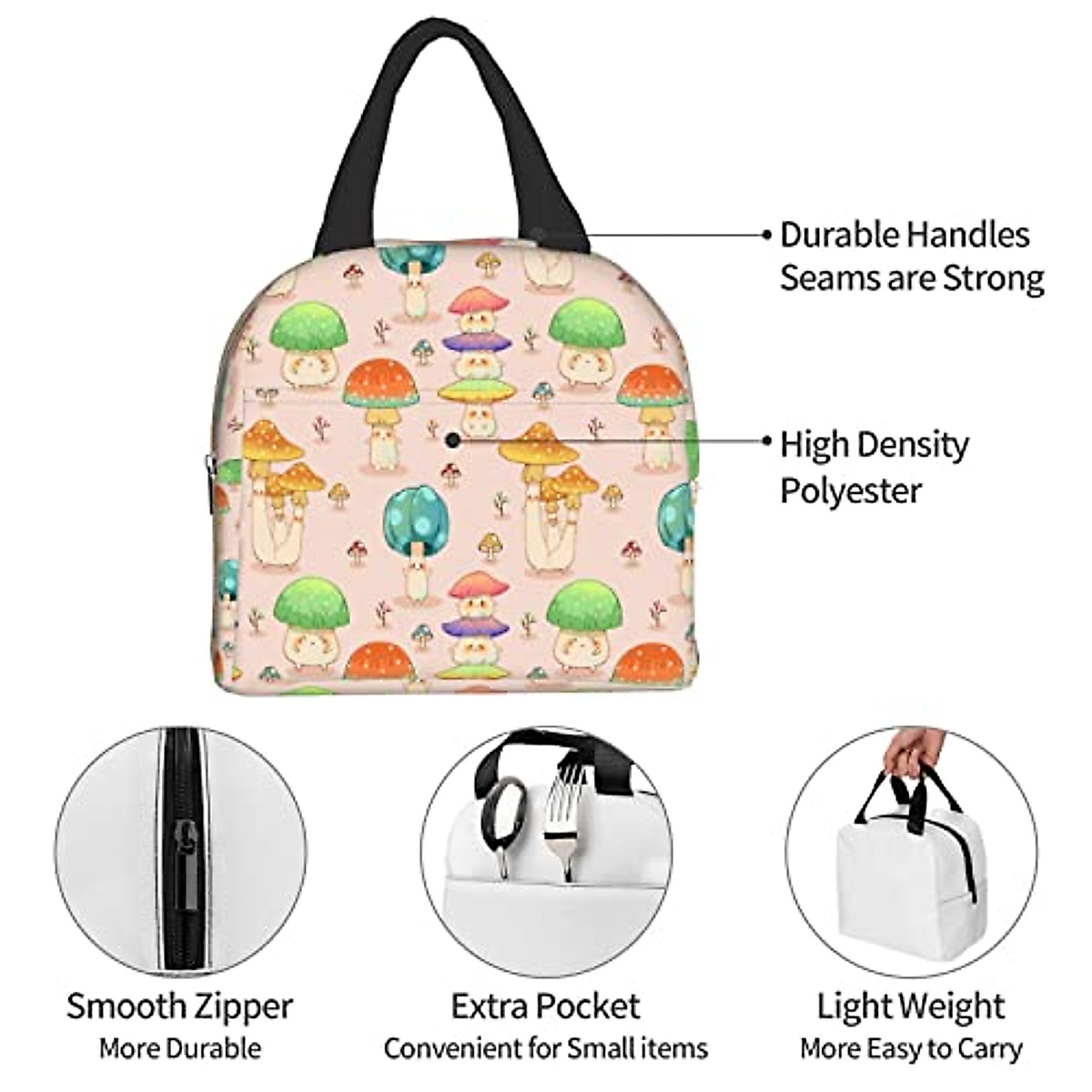 Cute Mushroom Portable Lunch Tote Bag Reusable Cute Lunch Box for Men and Women Perfect for Camping/Hiking/Picnic/Beach/Travel