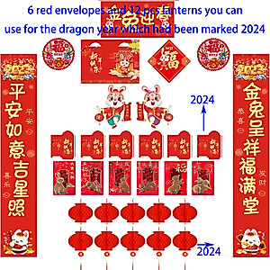 KYMY 2023 Chinese New Year Couplet Set,30pcs Spring Festival Chinese New Year Couplets Set,新年对联,春节对联,兔年对联,Rabbit Year Decorations Set with Duilian/Chunlian Paper,Red Envelopes,Fu Character,Lanterns