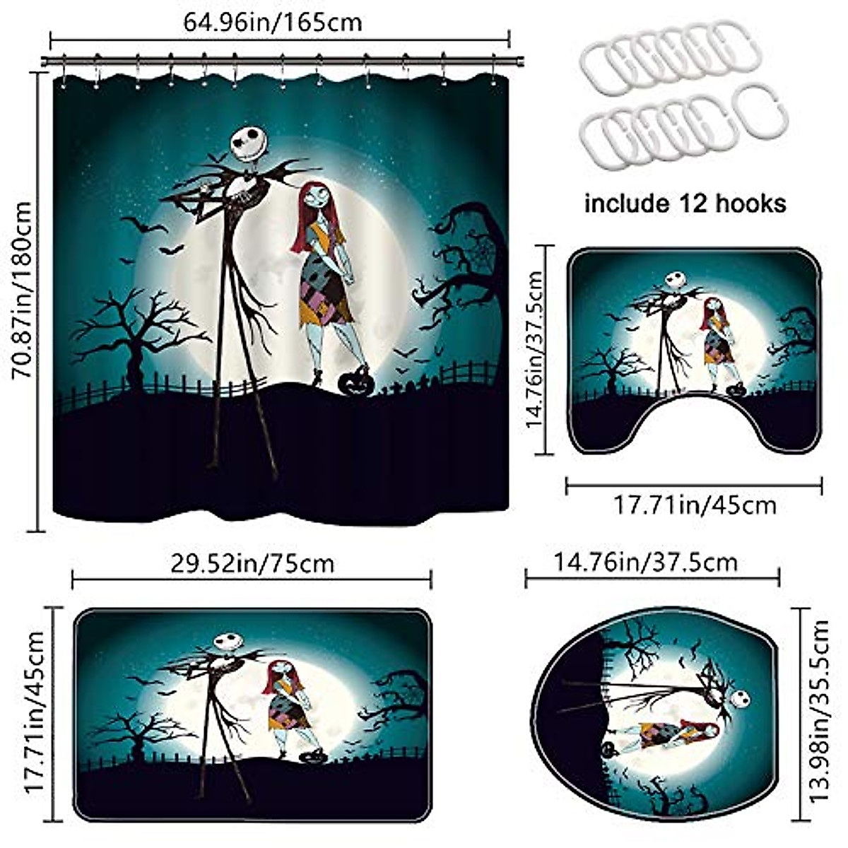 TAWOAO 4 Pcs Jack Skellington Shower Curtain Set with Non-Slip Rugs,Toilet Lid Cover and Bath Mat,Nightmare Before Christmas Shower Curtain with 12 Hooks