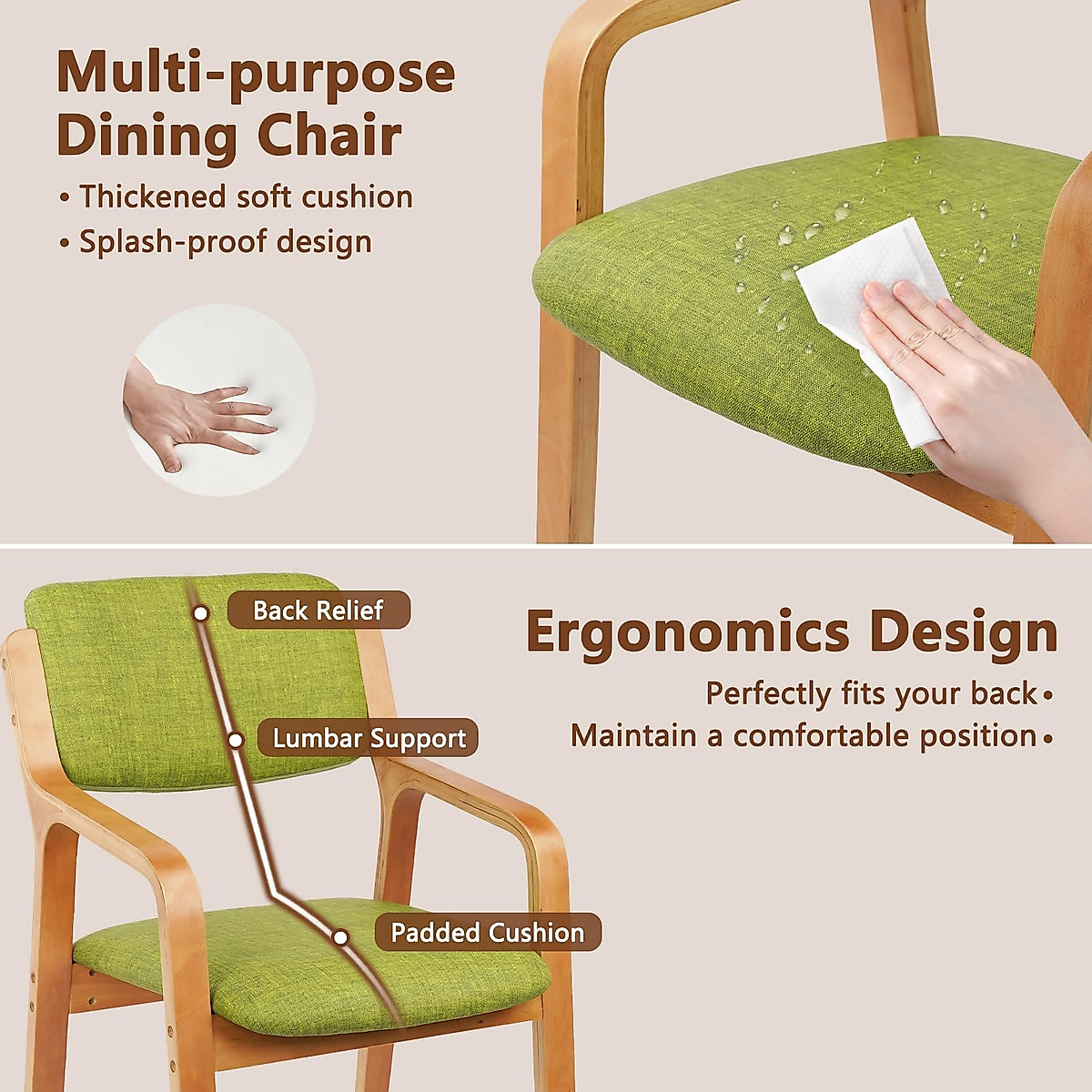 CLATINA Green Wood Mid Century Accent Chair, Fabric Armchair Side Chair with Comfort Seat Backrest for Dining Living Room Bedroom Reading Room Balcony(2P)