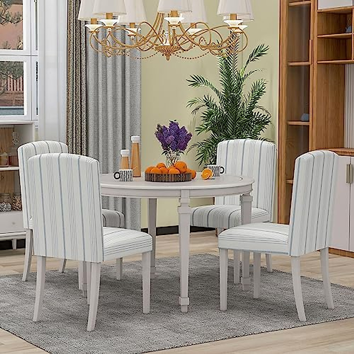 Merax Round Dining Room Table and Chairs Set of 4 Farmhouse Rustic Round Dining Table Set 5 Piece Wood Kitchen Table and 4 Upholstered Chairs with Striped Fabric for Dining Room