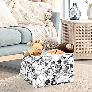 Kigai Storage Basket Abstract Skull Black White Storage Boxes with Lids and Handle, Large Storage Cube Bin Collapsible for Shelves Closet Bedroom Living Room, 16.5x12.6x11.8 In