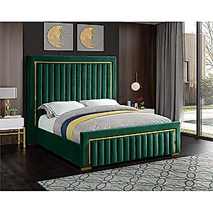Meridian Furniture Dolce Collection Modern | Contemporary Velvet Upholstered Bed with Luxurious Channel Tufting and Gold Metal Trim/Legs, King, Green