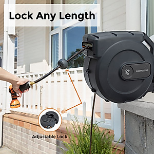 Giraffe Tools AW505/8 Retractable Garden Hose Reel 5/8" x 115+5 ft, Heavy Duty Wall Mounted Water Hose Reel Automatic Rewind, 180 Deg Swivel Bracket, Slow Retraction, 115ft, Dark Grey