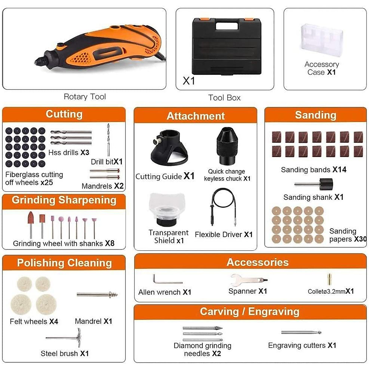 Rotary Tool Kit with Keyless Chuck Flex Shaft, 6 Variable Speed 10000-32000 RPM 3 Attachments Carrying Case for Cutting, Engraving, Drilling, Sanding, Polishing, DIY Crafts