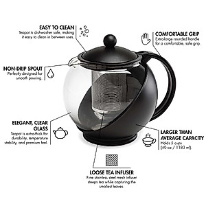 Primula Half Moon Teapot with Removable Infuser, Glass Tea Maker, Stainless Steel Filter, Dishwasher Safe, 40-Ounce, Black