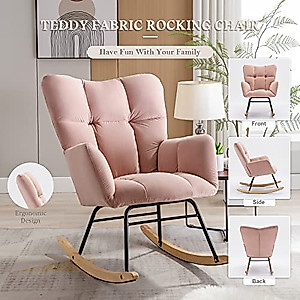 Nursery Rocking Chair for Baby, Indoor Velvet Fabric Nursing Chair, Modern Upholstered Glider Rocker Armchair with High Backrest for Bedroom Office Living Room (Light Pink)