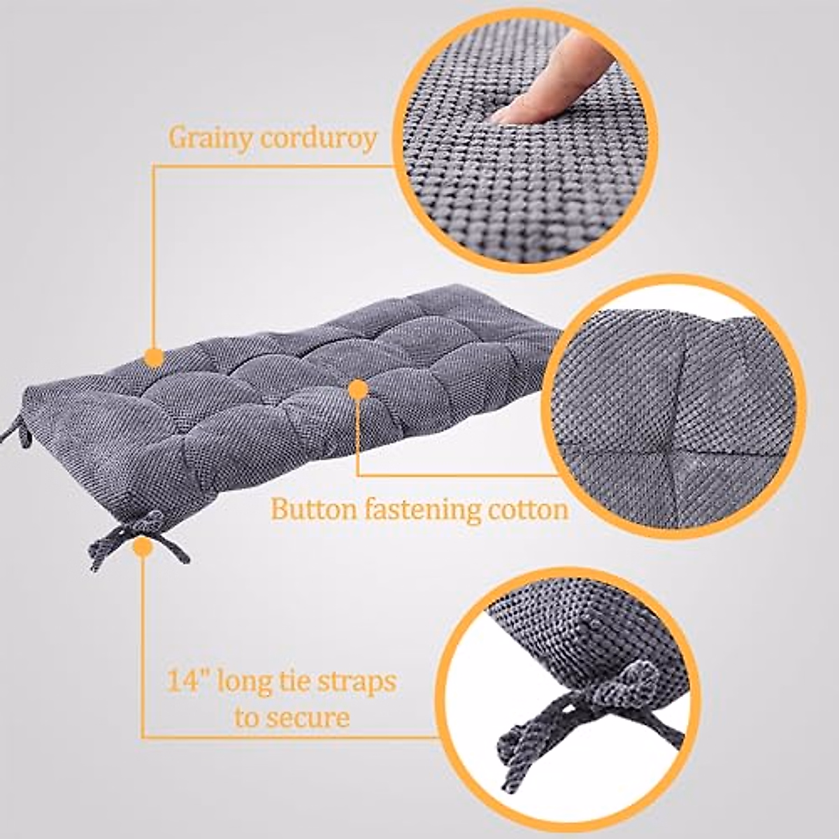 Big Hippo Indoor Bench Cushion 51 x 19 x 2 Inches - Soft Bench Pad Patio Bench Seat Cushion with Ties - Grey