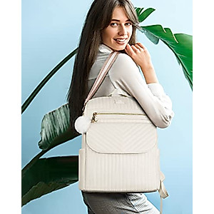 MATEIN Quilted Laptop Backpack for Women, 15.6 Inch Convertible Soft Leather Backpack Purses Fashion Water Resistant Shoulder Bag, Anti-theft Travel Daypack Cute Handbag for Work College, Beige