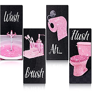 Chinco 4 Pcs Women Funny Wall Art Bathroom Decor Glam Bathroom Wall Decor Black and White Glam Bathroom Wall Arts Modern Women Funny Bathroom Wood Hanging Decors for Home Bathroom (Pink,Sweet)