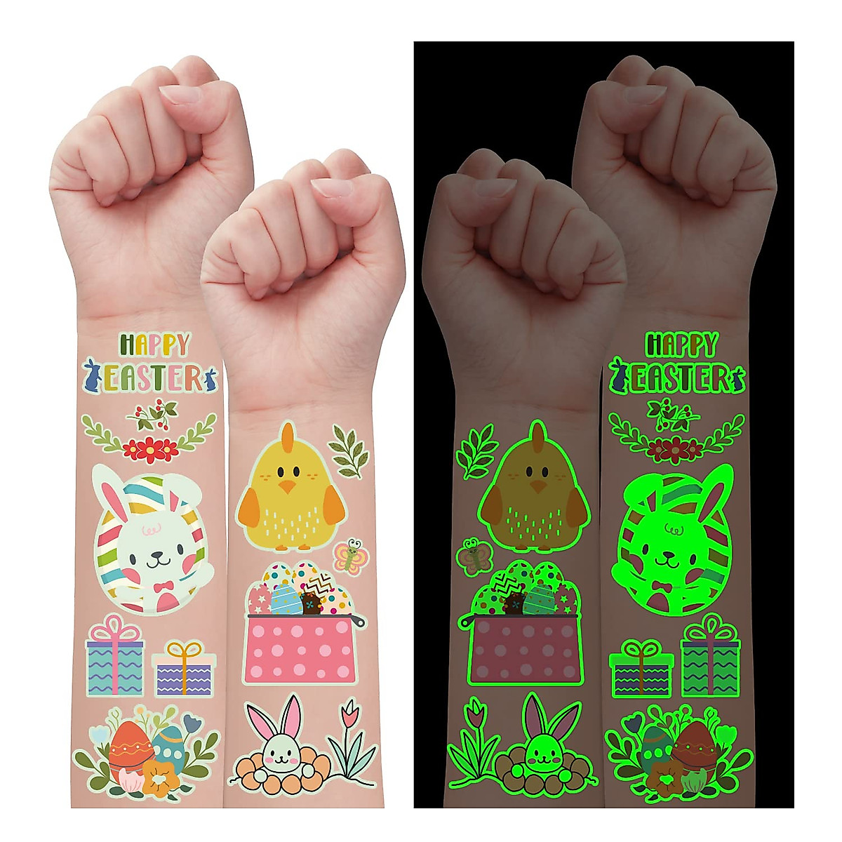 Partywind 28 Sheets (260 Styles) Glow Easter Tattoos for Kids Party Favors, Happy Easter Party Supplies for Boys and Girls, Easter Basket Stuffers Games for Egg Hunt
