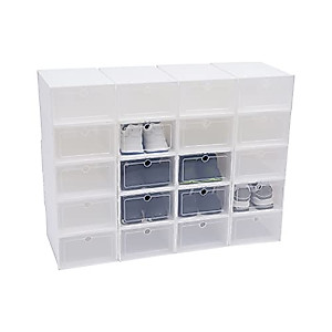 XUANIIIL 12/24 Pack Stackable Shoe Box Set, Plastic Clear Medium/Large Size Foldable Shoe Storage Boxes Home Organizer for Closet Shoe Holder Rack Containers with Lids (White, Standard Size, 20pcs)